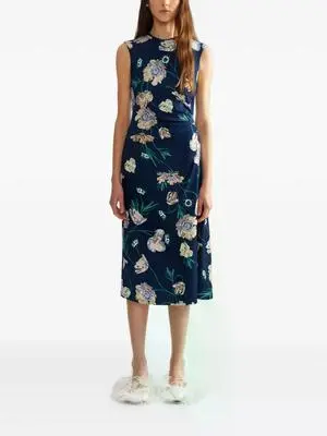 Erdem Navy Floral Print Ruched Midi Dress
