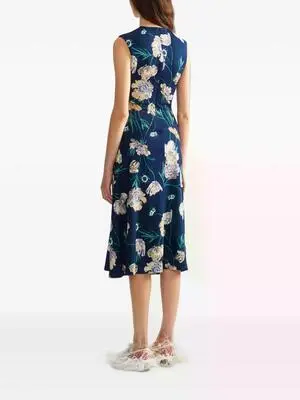 Erdem Navy Floral Print Ruched Midi Dress