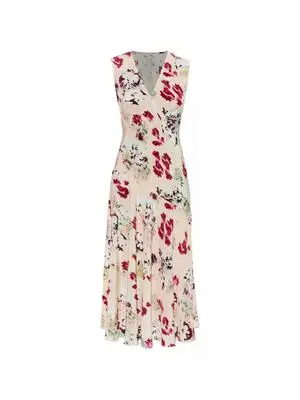 Ulla Johnson Pink Silk Floral Print V-neck Midi Dress - Neutrals