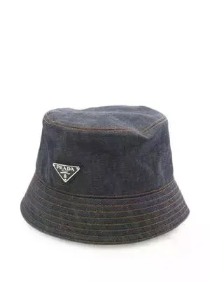 Prada Logo Plaque Denim Bucket Hat - Blue
