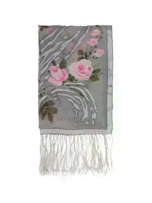Vintage Floral-print Fringed Scarf - Grey