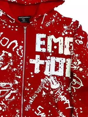 Mixed Emotion Graffiti Print Zip-up Hoodie - Red