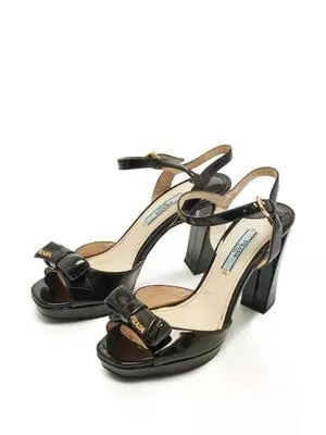 Prada Patent Leather Bow Detail High Block Heel Sandals