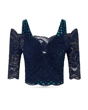 Rabanne Off Shoulder Mixed Media Top - Deep Navy
