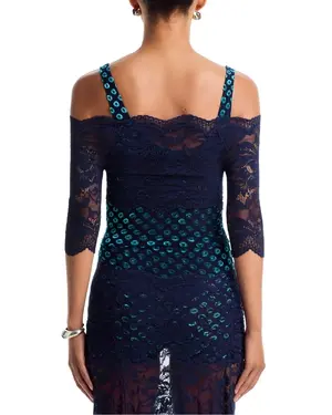 Rabanne Off Shoulder Mixed Media Top - Deep Navy