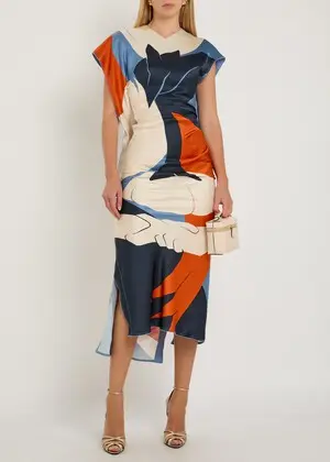 Victoria Beckham Printed Draped Satin Midi Dress - Multicoloured