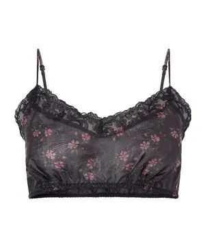 Simone Rocha Cropped Lace-trimmed Floral-print Organza Top - Black