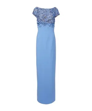 Oscar De La Renta Porcelain Flower Embellished Wool-blend Gown - Blue
