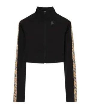 Burberry Cropped Track Jacket With Check Taping - Black