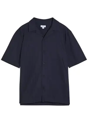 Sunspel Striped Embroidered Cotton Shirt - Navy