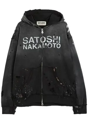 SATOSHI NAKAMOTO Printed Distressed Cotton Hooded Sweatshirt - Black
