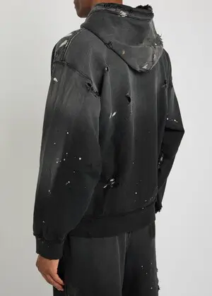 SATOSHI NAKAMOTO Printed Distressed Cotton Hooded Sweatshirt - Black