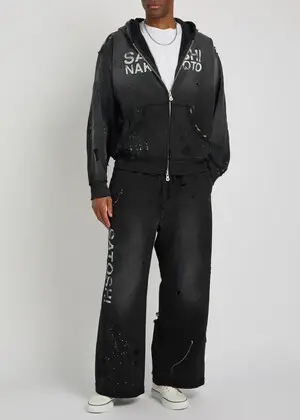 SATOSHI NAKAMOTO Printed Distressed Cotton Hooded Sweatshirt - Black