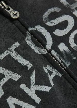 SATOSHI NAKAMOTO Printed Distressed Cotton Hooded Sweatshirt - Black