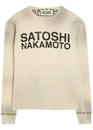 SATOSHI NAKAMOTO Distressed Long-sleeve Waffle Cotton T-shirt - White
