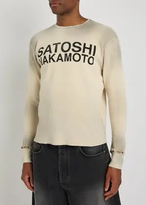 SATOSHI NAKAMOTO Distressed Long-sleeve Waffle Cotton T-shirt