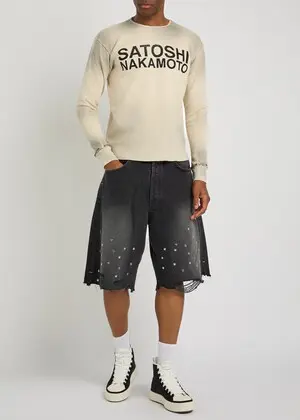 SATOSHI NAKAMOTO Distressed Long-sleeve Waffle Cotton T-shirt