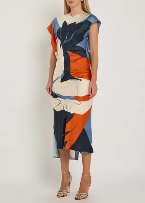 Victoria Beckham Printed Draped Satin Midi Dress