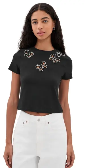 Alice + Olivia Cindy Embellished Cropped Tee With Cutouts