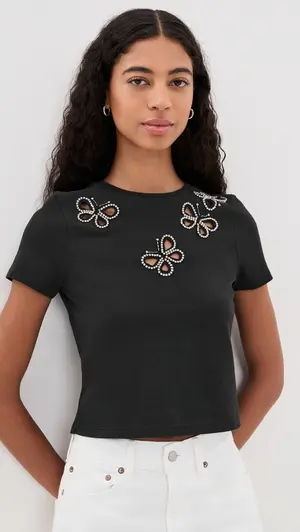 Alice + Olivia Cindy Embellished Cropped Tee With Cutouts