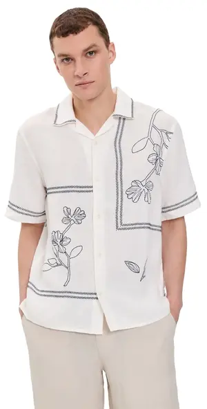 WAX LONDON Didcot Linen Grid Flower Shirt - Ecru/navy