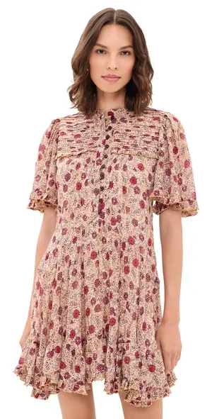 Isabel Marant Étoile Daynia Dress With Abstract Print And Ruffle Trim - Ecru/raspberry