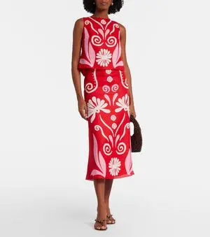 CALA DE LA CRUZ Fabiana Printed Linen Midi Skirt - Red