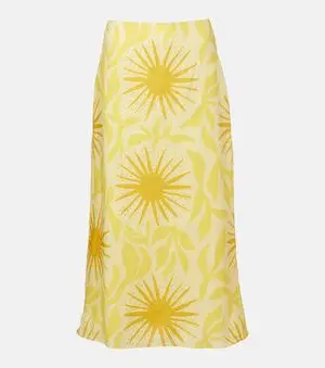 CALA DE LA CRUZ Fabiana Printed Linen Midi Skirt - Yellow