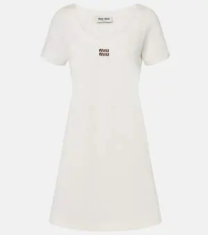 Miu Miu Leather Trimmed Cotton Jersey Dress - White