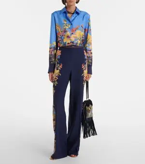 Etro Floral Silk Straight Leg Trousers - Blue