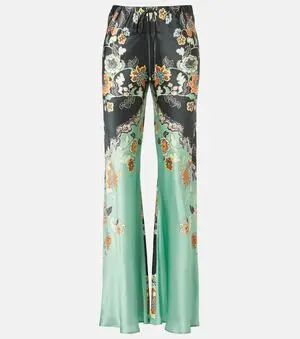 Roberto Cavalli Floral Silk Satin Flared Pants - Green