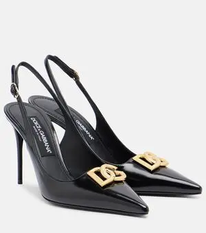 Dolce & Gabbana Patent Leather Pointed Toe Slingback Pumps With Dg Logo - Black