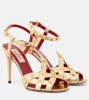 Valentino Garavani Studded Metallic Leather Sandals - Gold