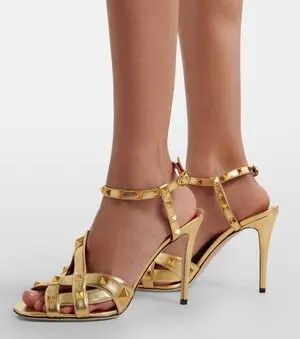 Valentino Garavani Studded Metallic Leather Sandals - Gold