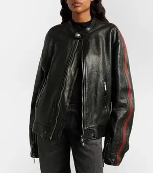 Gucci Web Stripe Leather Biker Jacket