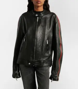 Gucci Web Stripe Leather Biker Jacket