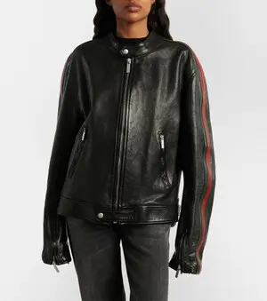 Gucci Web Stripe Leather Biker Jacket