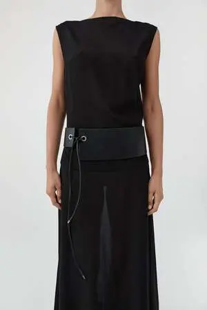 ST. AGNI Asymmetric Leather Belt With Silver Eyelets And Tie Detail - Black