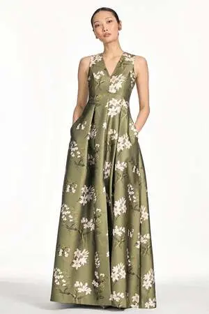 Sachin & Babi Floral Print Mikado Ball Gown Moss Formosa