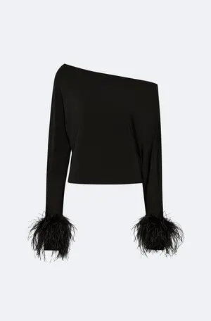 Lapointe Lightweight Jersey Off The Shoulder Top With Feathers - Black
