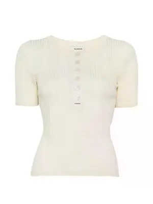 Sandro Ribbed-knit Button-placket Top - Neutrals