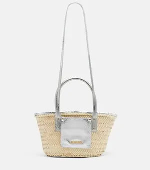 Jacquemus Small Raffia Basket Bag With Croc Effect Trim - Silver