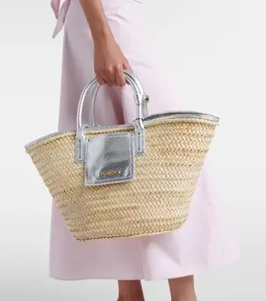 Jacquemus Small Raffia Basket Bag With Croc Effect Trim - Silver