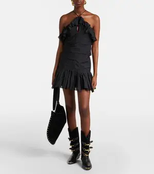MARANT ETOILE Djimia Halterneck Cotton-blend Voile Top With Ruffled Trim - Black