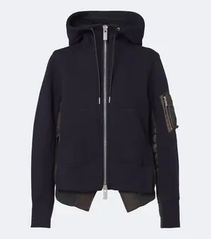 Sacai Paneled Cotton-blend Zip-up Hoodie - Blue