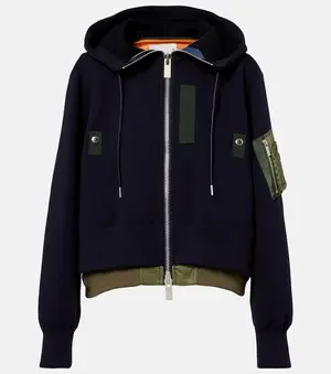 Sacai Paneled Cotton-blend Zip-up Hoodie - Blue