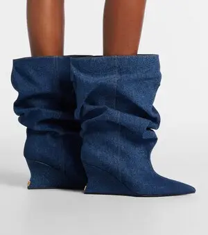 Balmain Denim Pointed Toe Wedge Boots