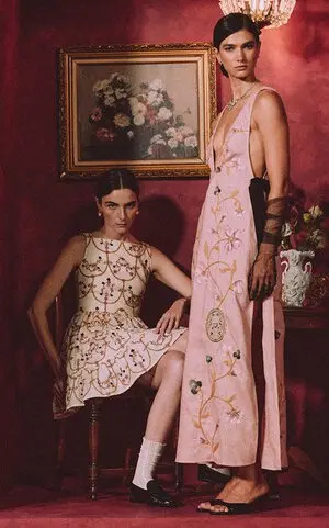 Agua Bendita Pink Embroidered Linen Maxi Dress