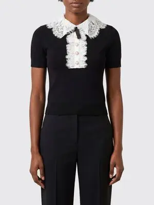 SELF-PORTRAIT Short-sleeved Wool Top With Lace Inserts - Black