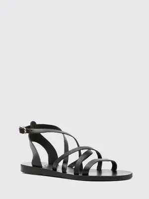 ANCIENT GREEK SANDALS Laminated Leather Flat Sandals With Ankle Strap - Black